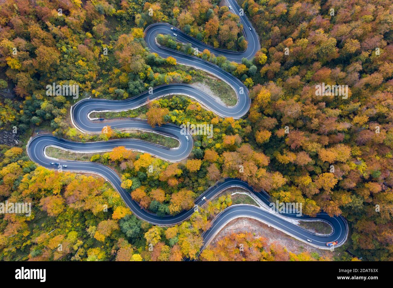 Scenic curvy road seen from a drone in autumn Stock Photo - Alamy