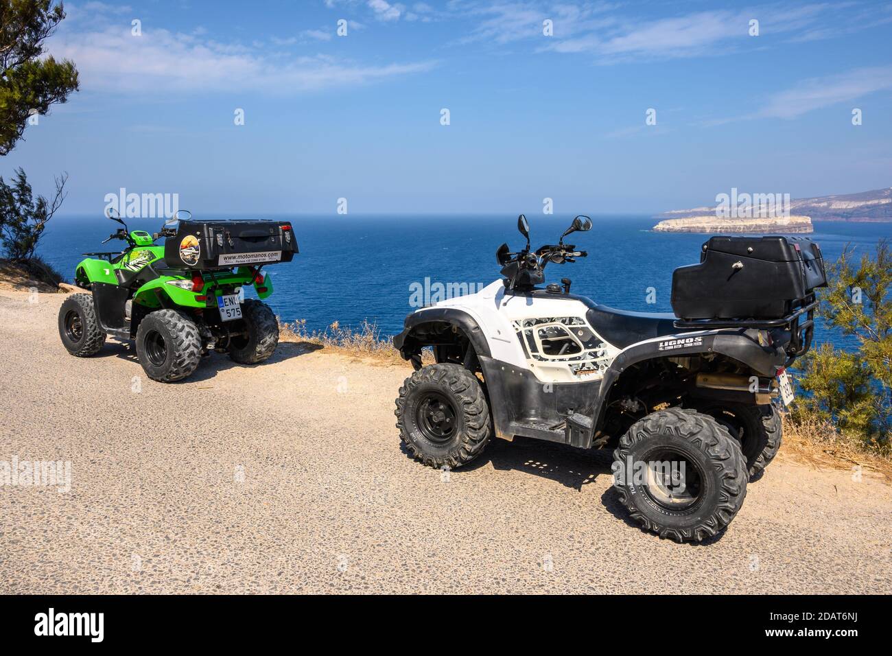 Santorini, Greece - September 16, 2020: Quad bikes parked on the ...