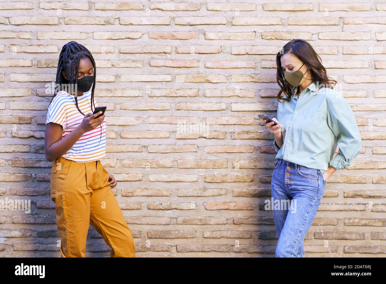 Multiethnic young women wearing masks using smartphone separated to ...
