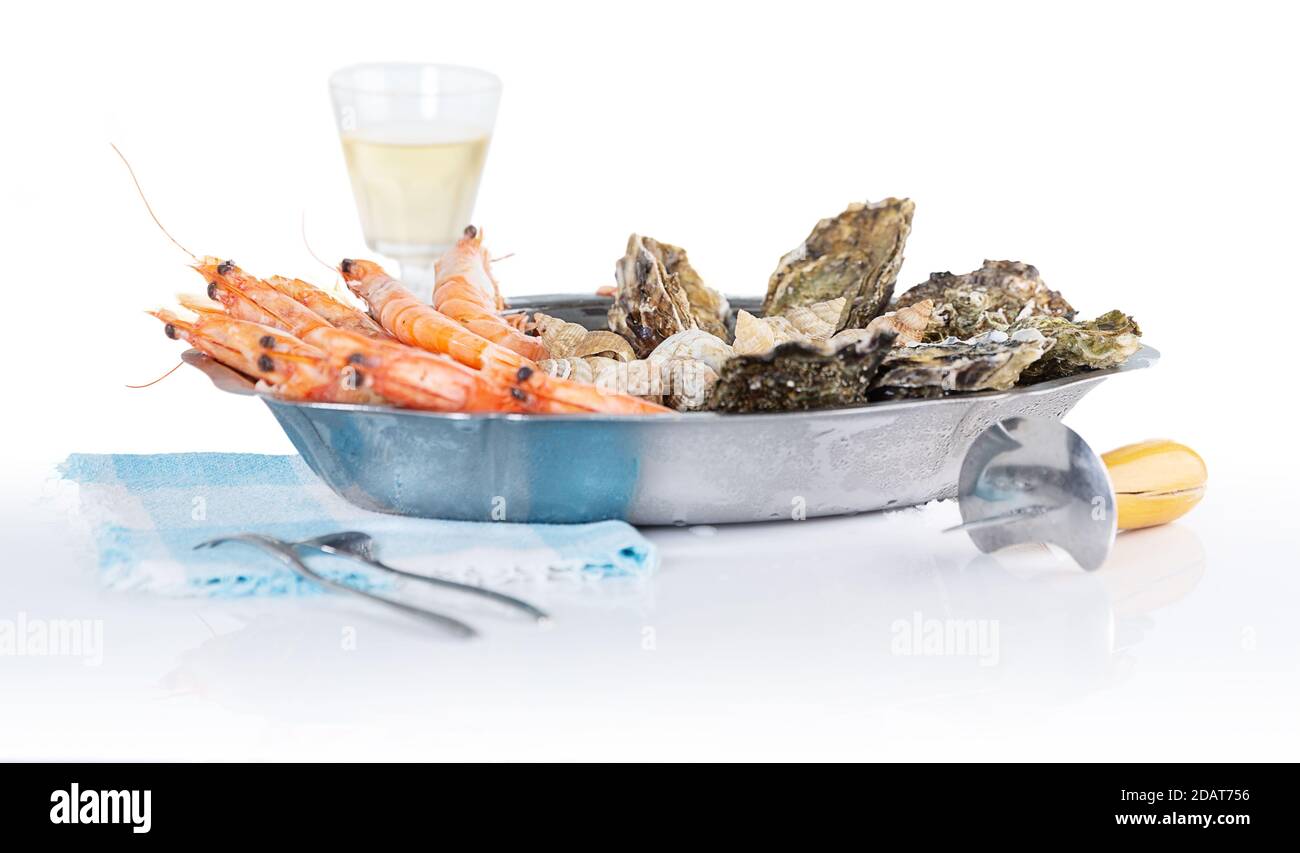 Shellfish and shrimp platter for two people on a white background Stock ...