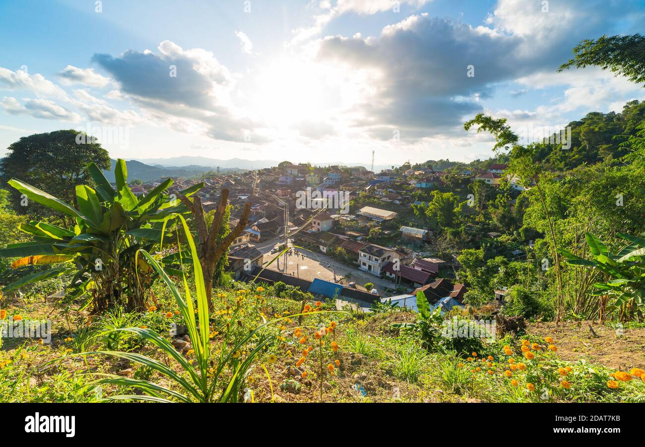 Aerial view of Phongsali, North Laos near China. Yunnan style town on ...