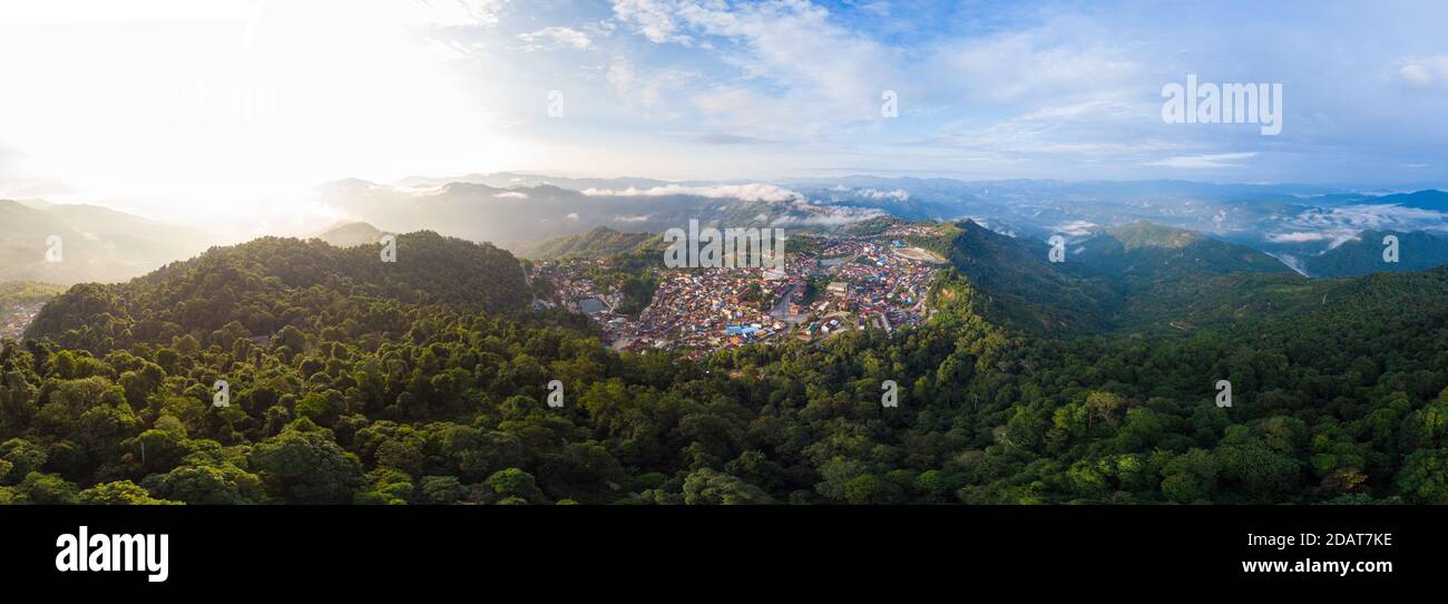 Aerial view of Phongsali, North Laos near China. Yunnan style town on ...