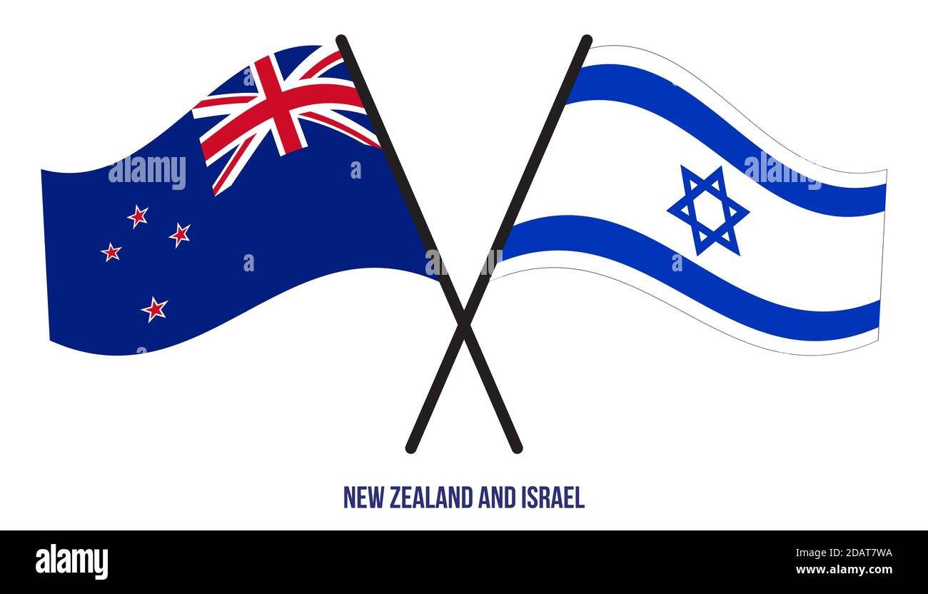 New Zealand and Israel Flags Crossed And Waving Flat Style. Official ...