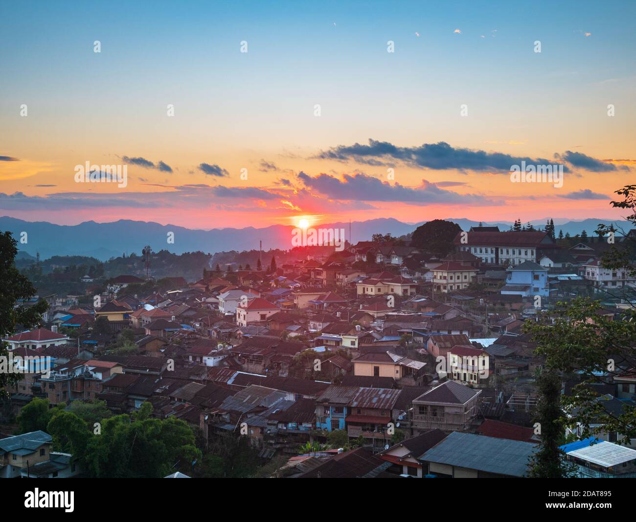 Aerial view of Phongsali, North Laos near China. Yunnan style town on ...
