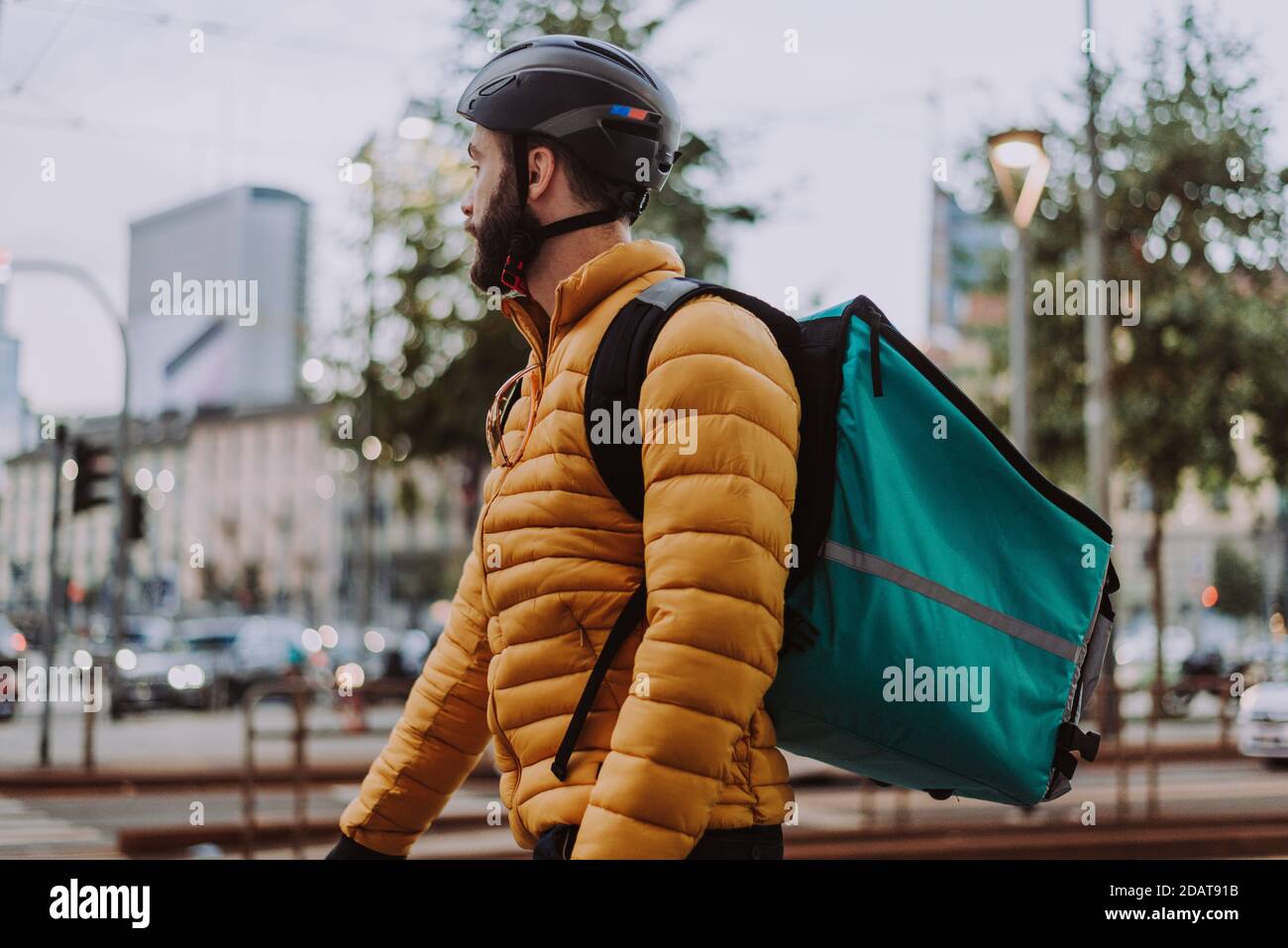 Food delivery service, rider delivering food to clints with bicycle ...