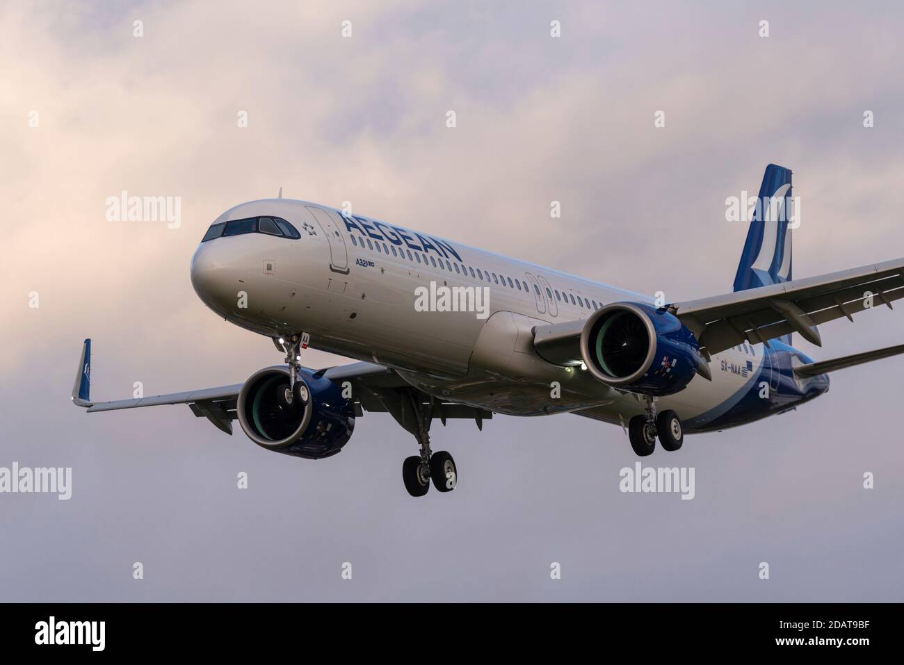 Aegean Airlines Airbus A321 NEO jet airliner plane SX-NAA on approach to land at London Heathrow ...