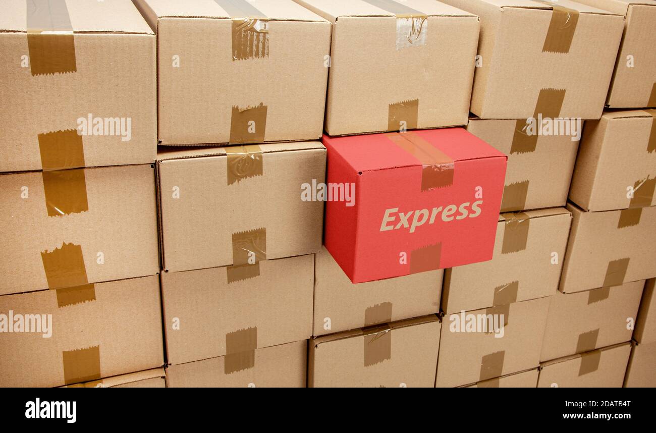 Cardboard boxes for express delivery or moving. One box is special and ...