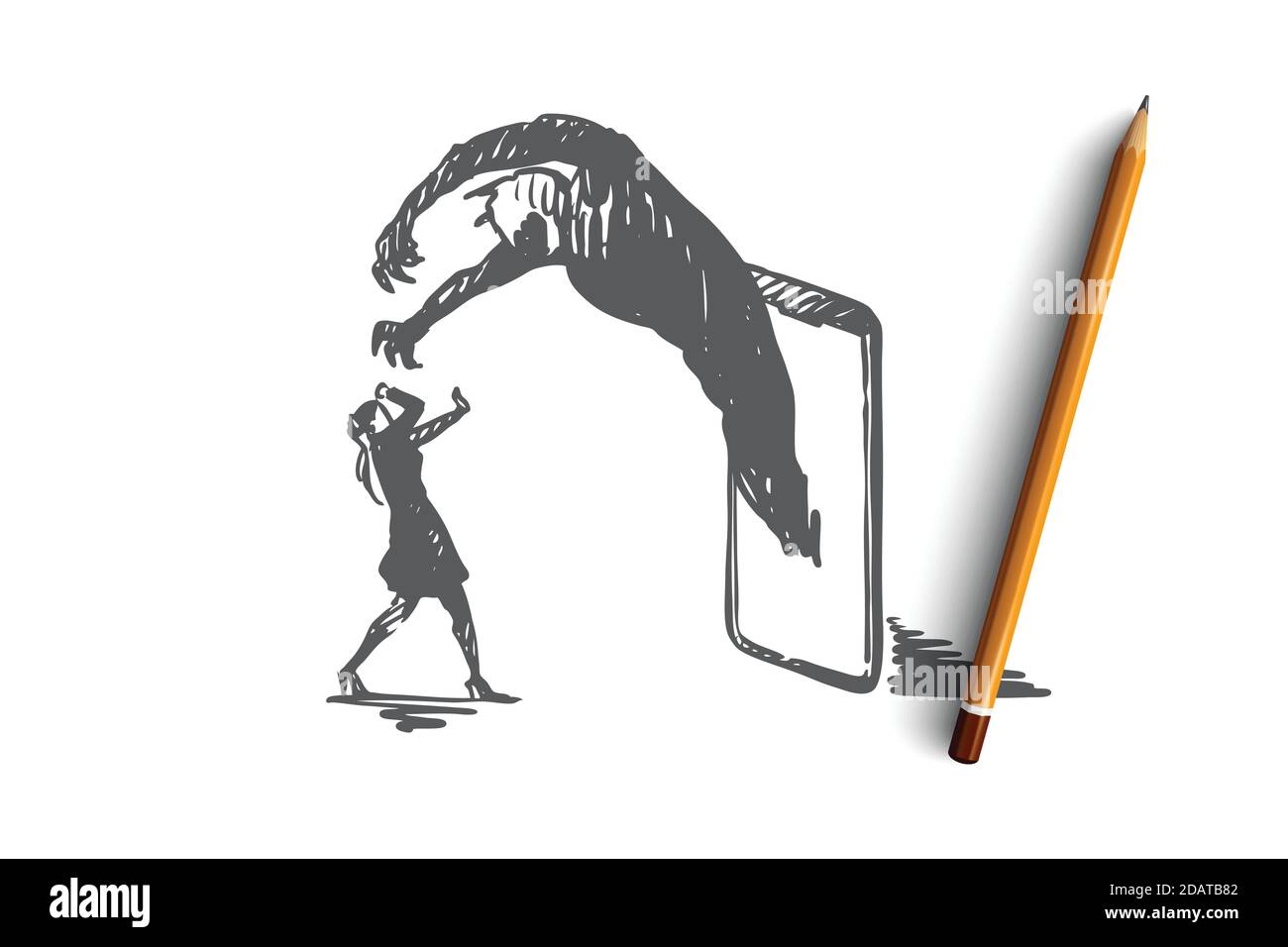 Phone, gadget, addiction, woman, media concept. Hand drawn isolated ...