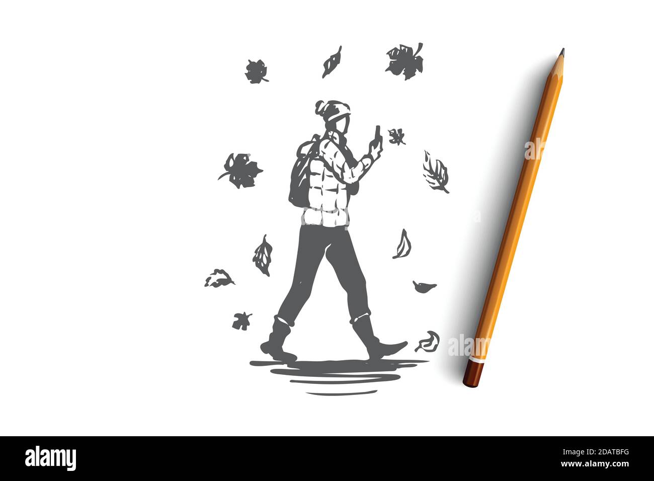 Autumn, man, fall, walking, season concept. Hand drawn isolated vector ...