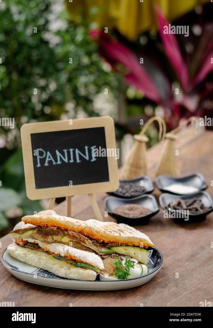 vegan roasted vegetable toasted panini sandwich in rustic garden table ...