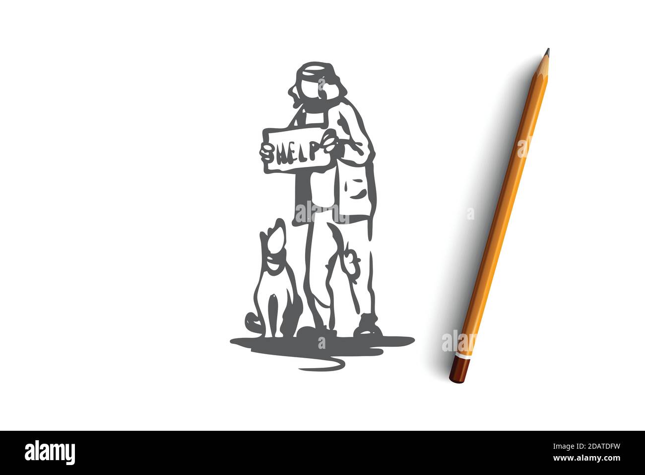 Beggar, dog, outdoor, poor, pet concept. Hand drawn isolated vector ...