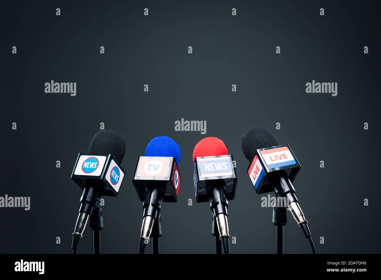 Set of microphones ready for the press conference, communication and ...