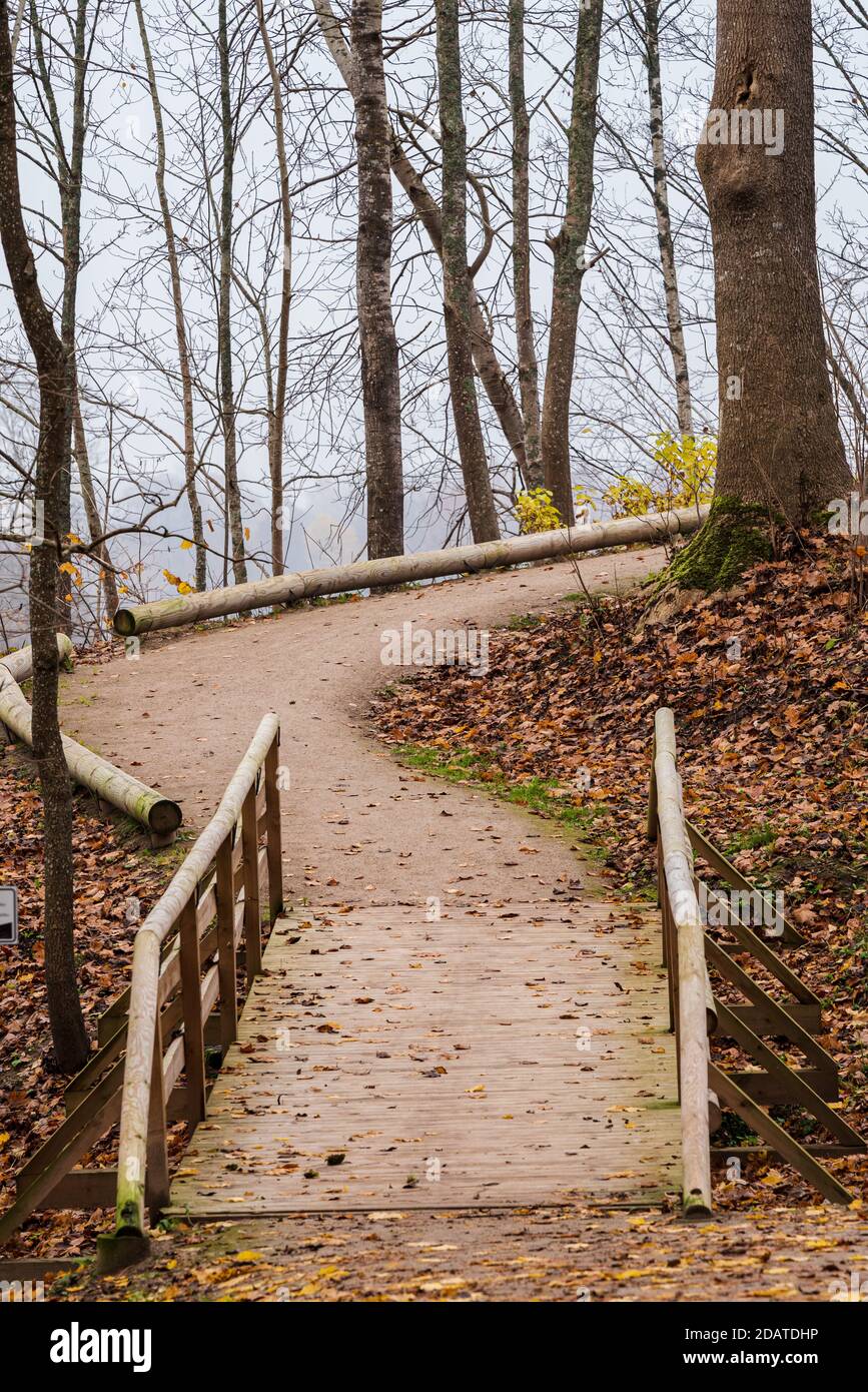 The wooden bridge connects the nature trail over the ditch and the road ...