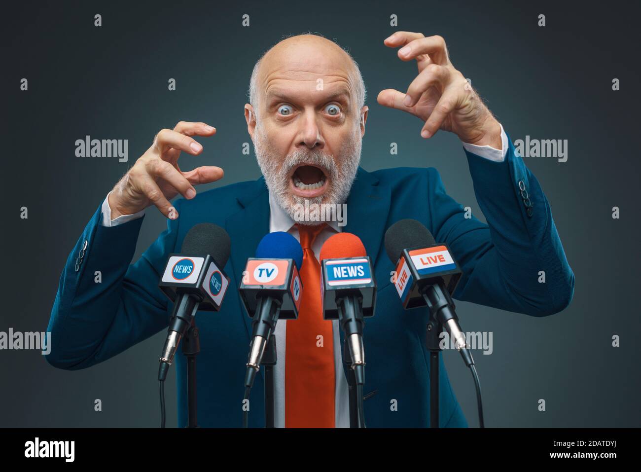 Scared politician gesturing during the press conference, election ...