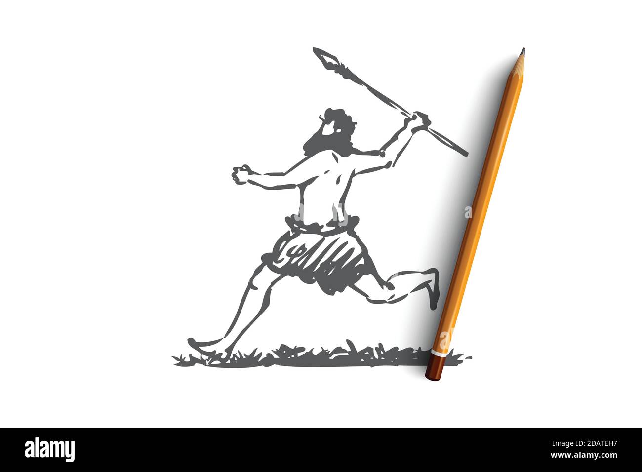 Primitive, man, spear, caveman, hunter concept. Hand drawn isolated ...
