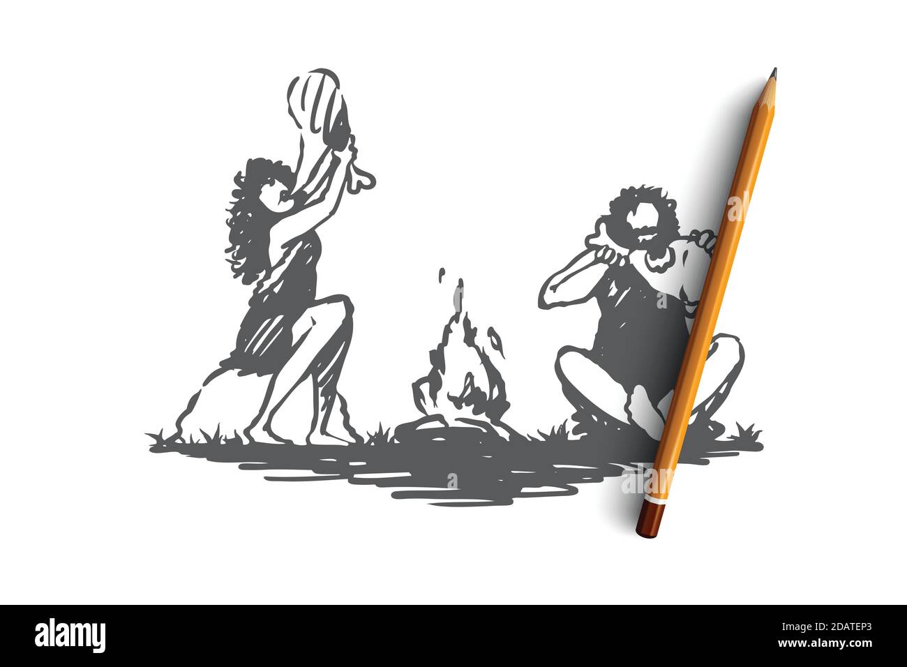 Primitive, people, bonfire, caveman, ancient concept. Hand drawn ...