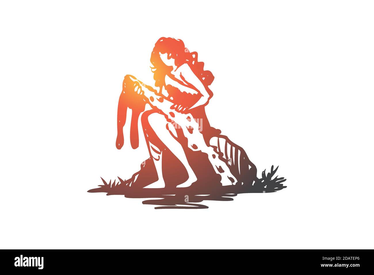 Primitive, woman, pelt, stone, age ancient concept. Hand drawn isolated ...