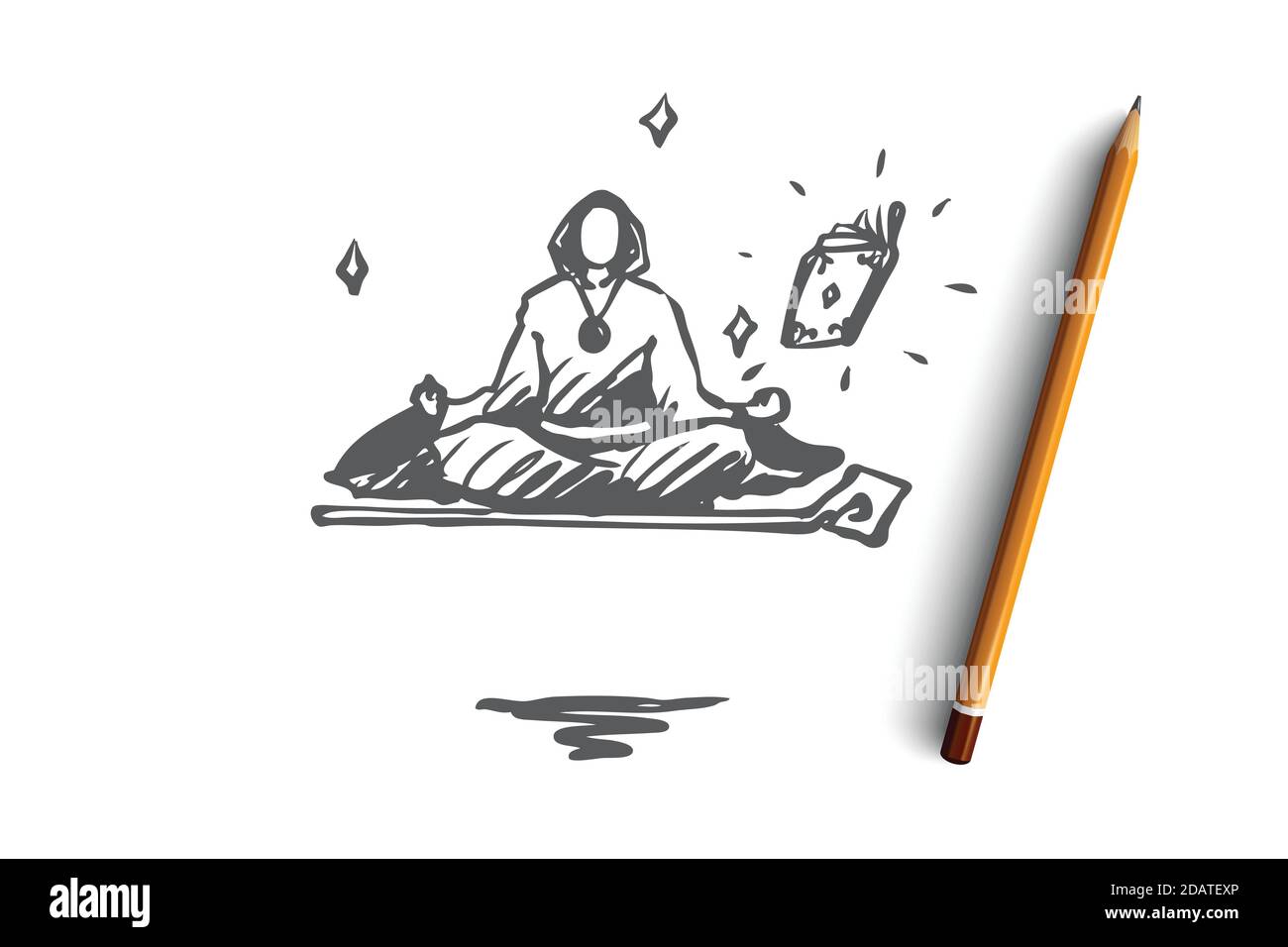 Magician, wizard, levitation, yoga, guru concept. Hand drawn isolated ...