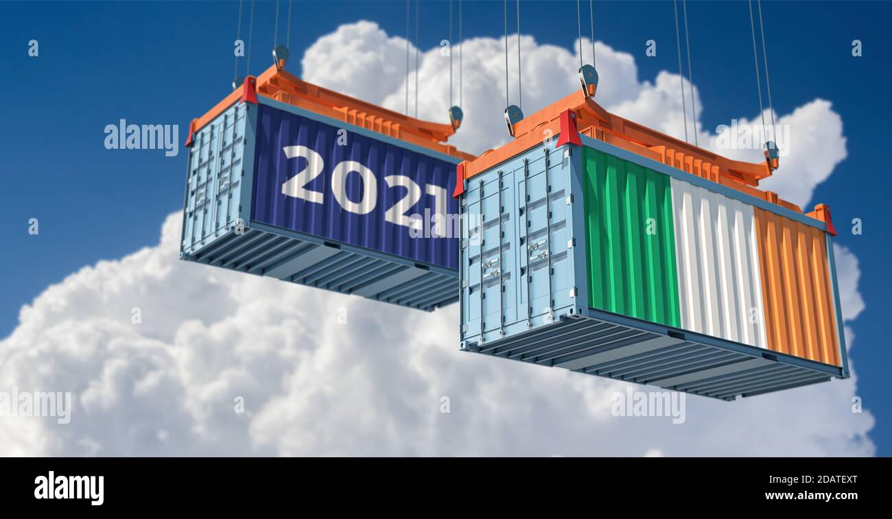 Trading 2021. Freight container with Ireland flag. 3D Rendering Stock ...