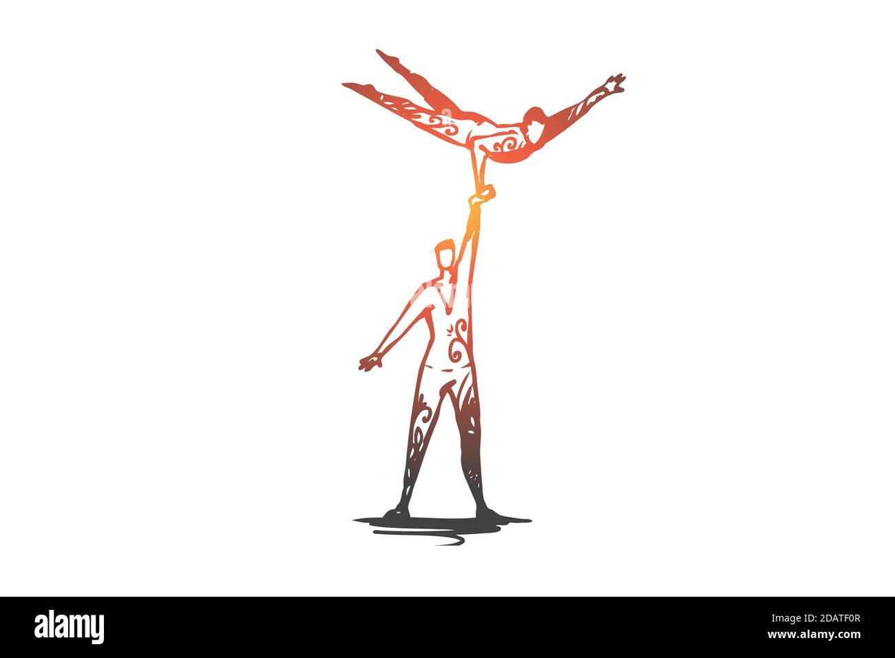Acrobatic, circus, balance, performance, cooperation concept. Hand ...