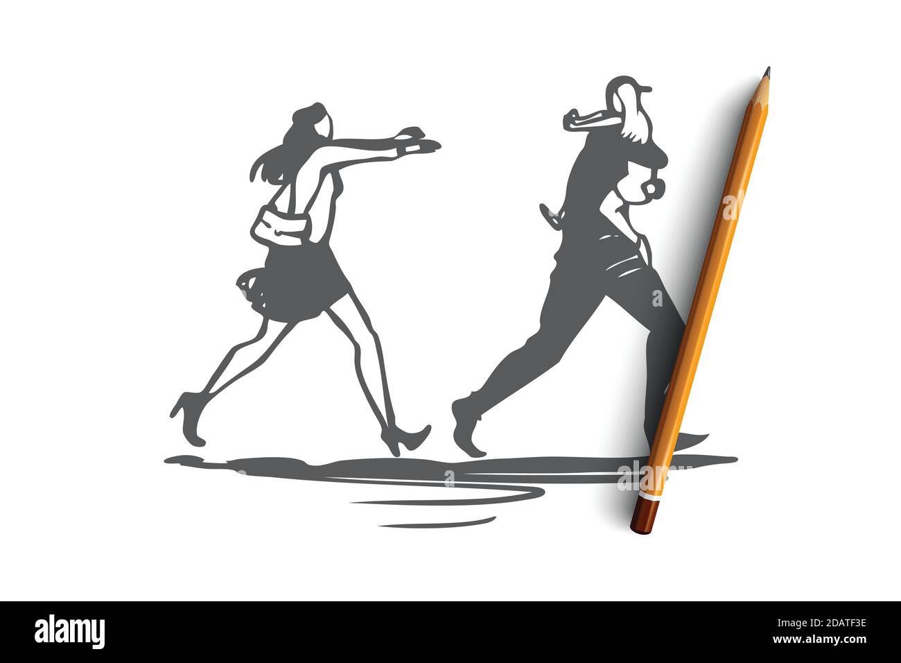 Abduction, kidnapping, child, criminal, woman concept. Hand drawn ...