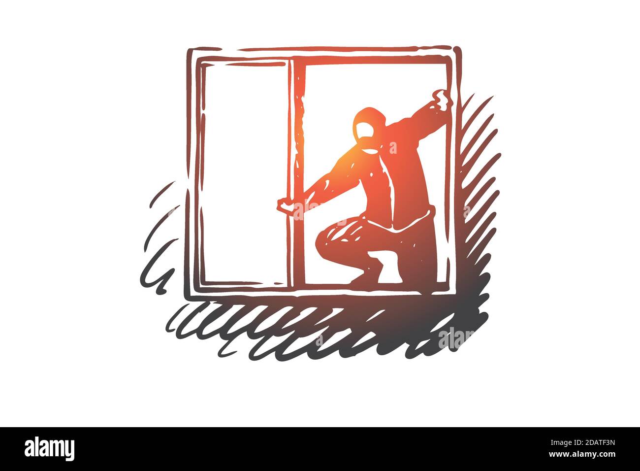 Burglary, window, robber, criminal, mask concept. Hand drawn isolated ...