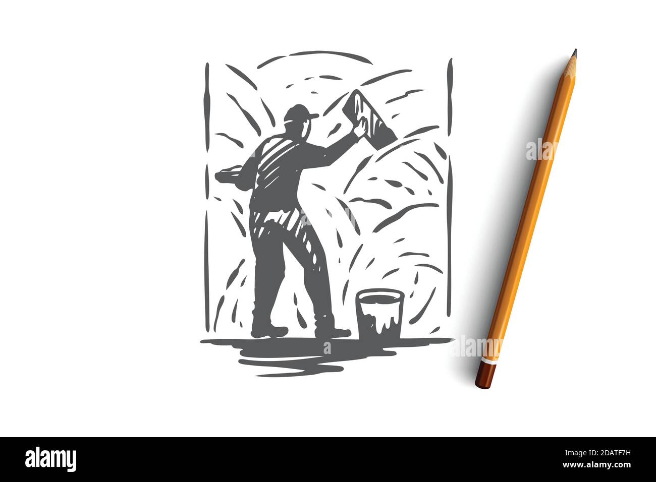 Grouting, cement, worker, wall, repair concept. Hand drawn isolated ...