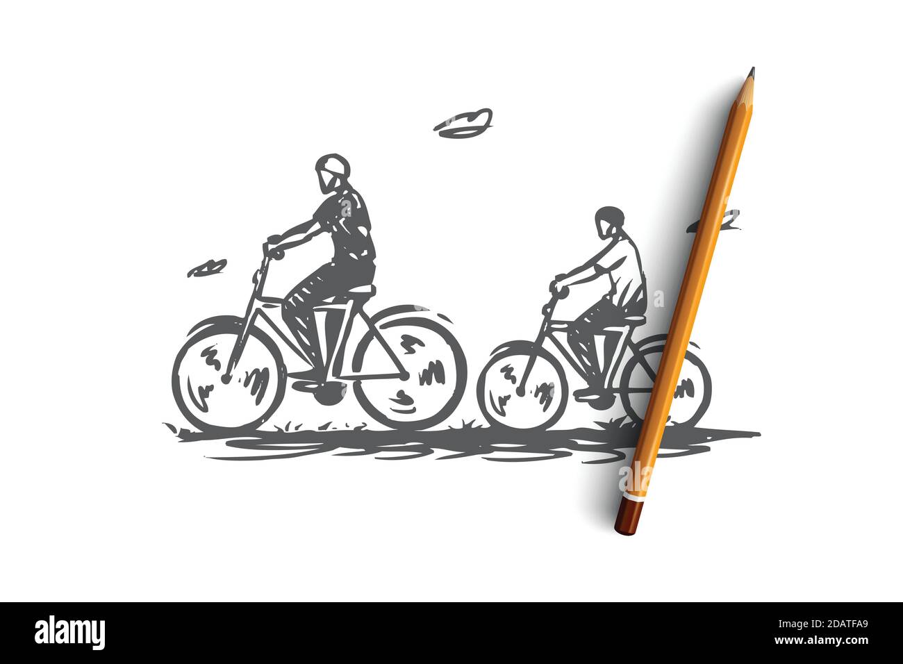 Dad, son, bike, active, together concept. Hand drawn isolated vector ...