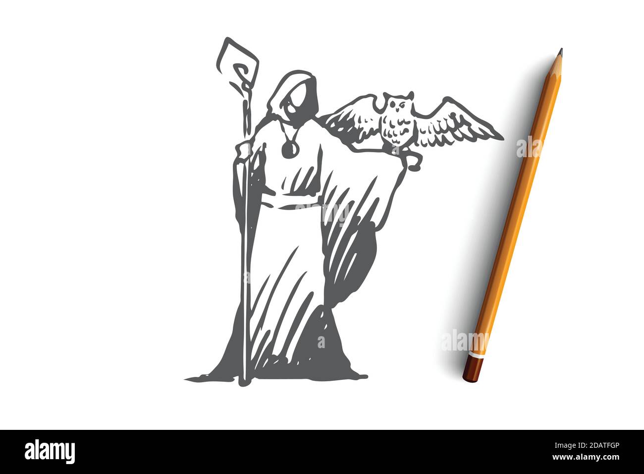 Medium, magician, wizard, owl, costume concept. Hand drawn isolated ...