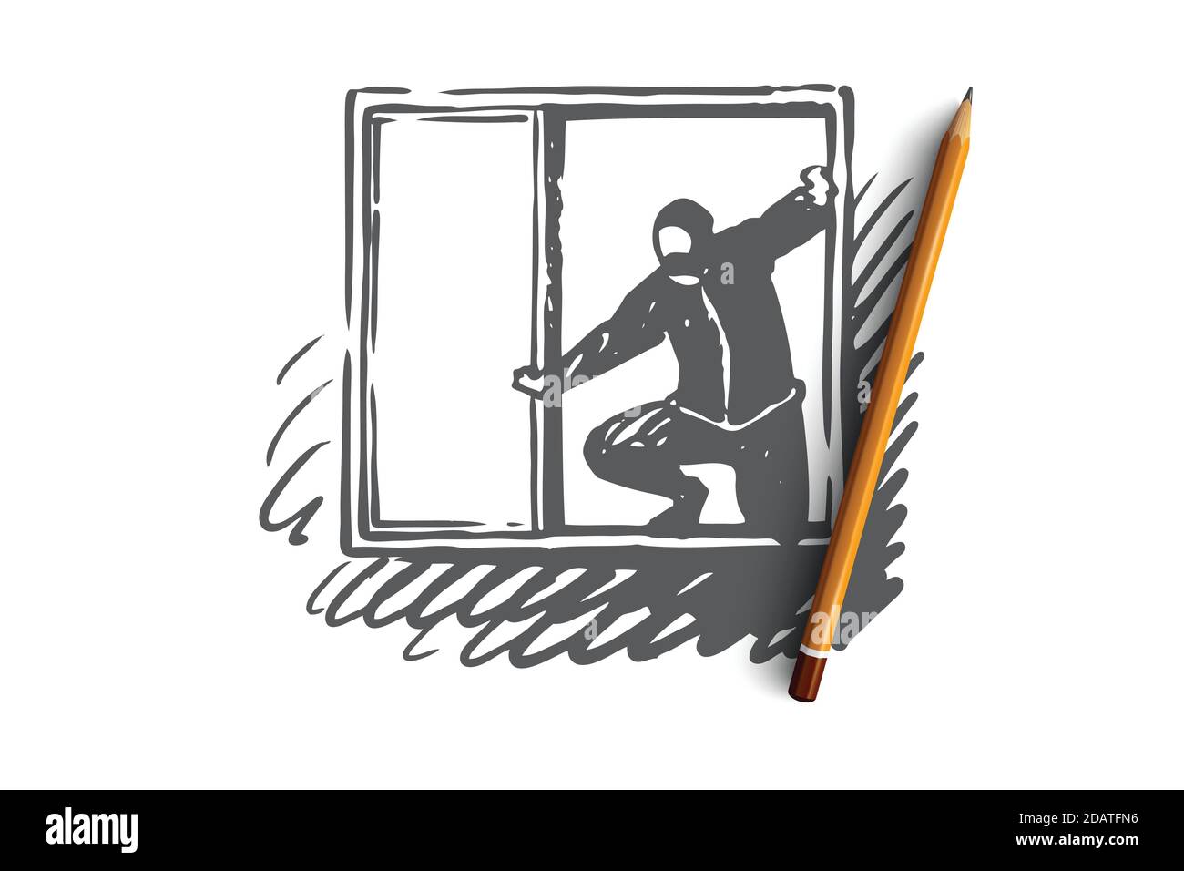 Burglary, window, robber, criminal, mask concept. Hand drawn isolated ...