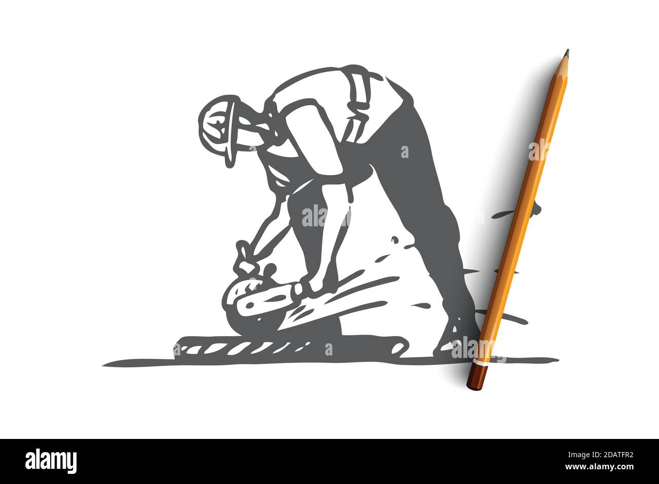 Cutting, tile, worker, repairing, construction concept. Hand drawn ...