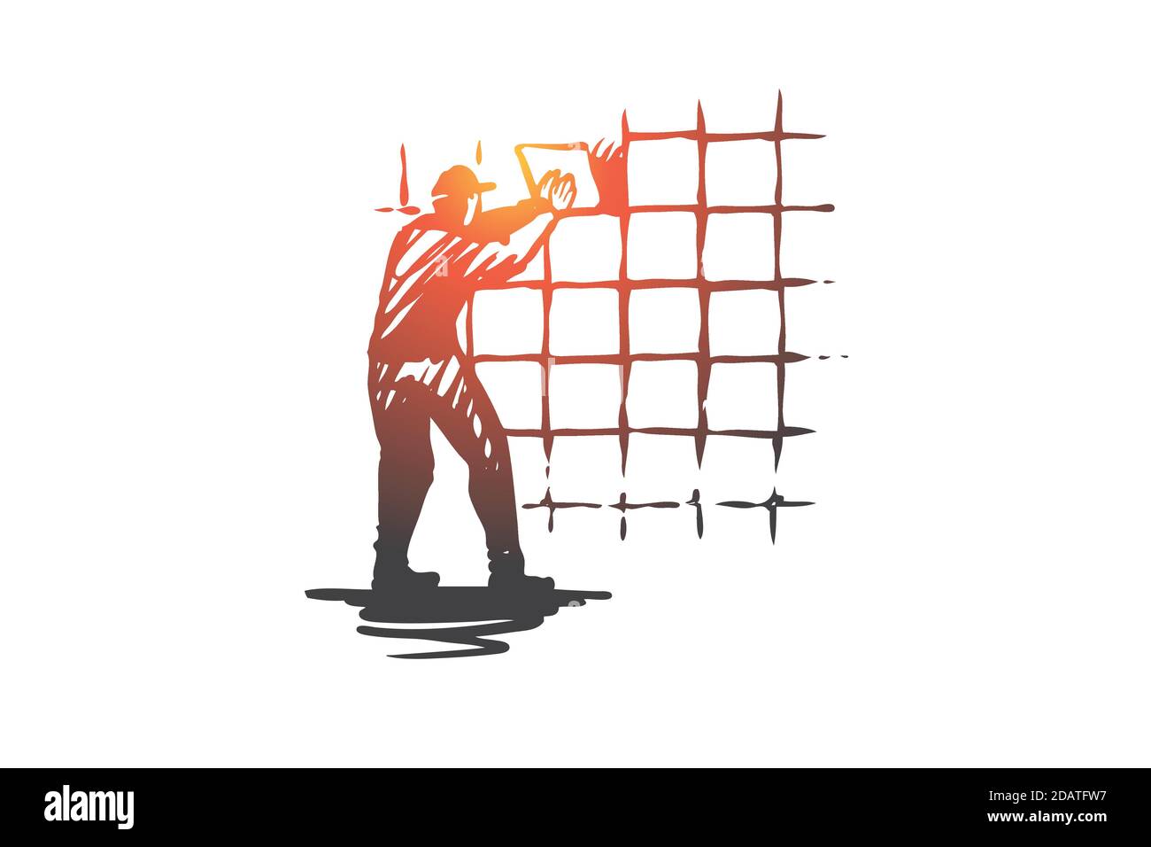 Wall tiling, house, repair, worker concept. Hand drawn isolated vector ...