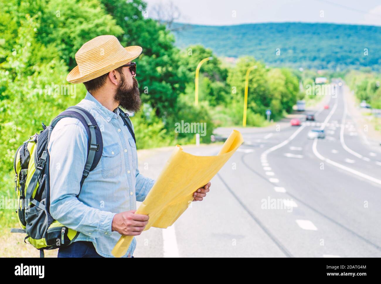I am lost on my way. Tourist backpacker map lost direction travelling ...