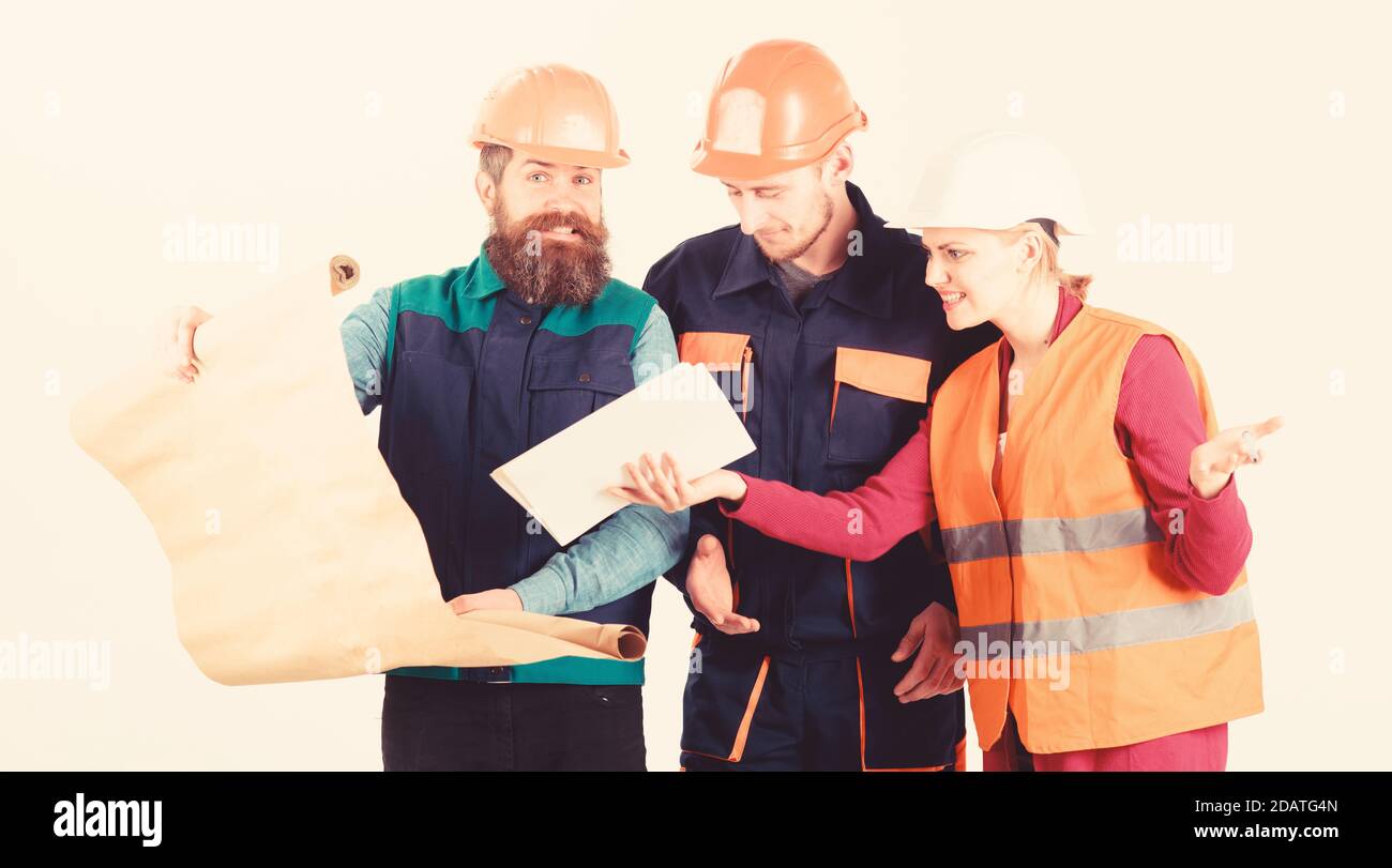 Team of builder, engineer, architect arguing about project ...