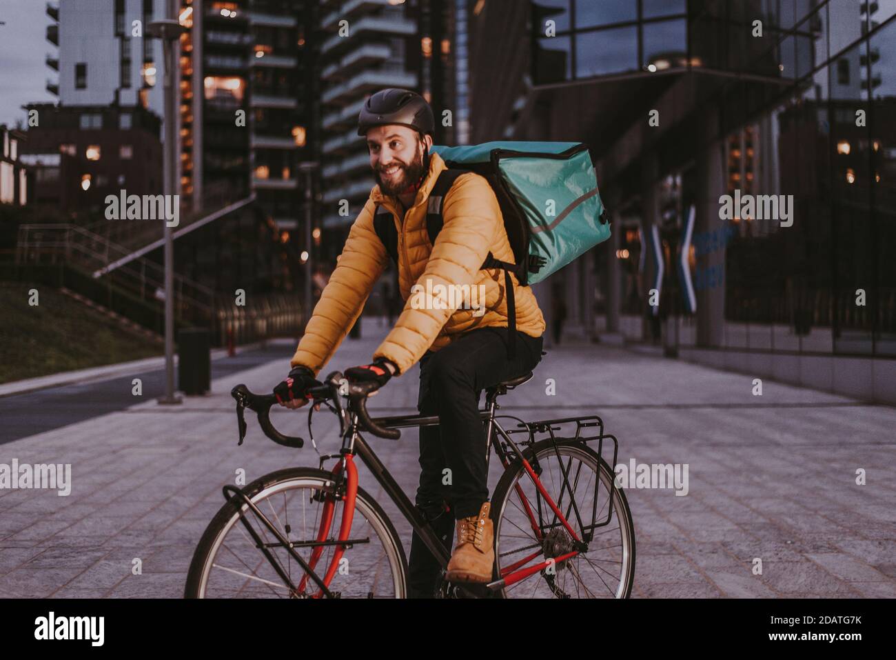Food delivery service, rider delivering food to clints with bicycle ...