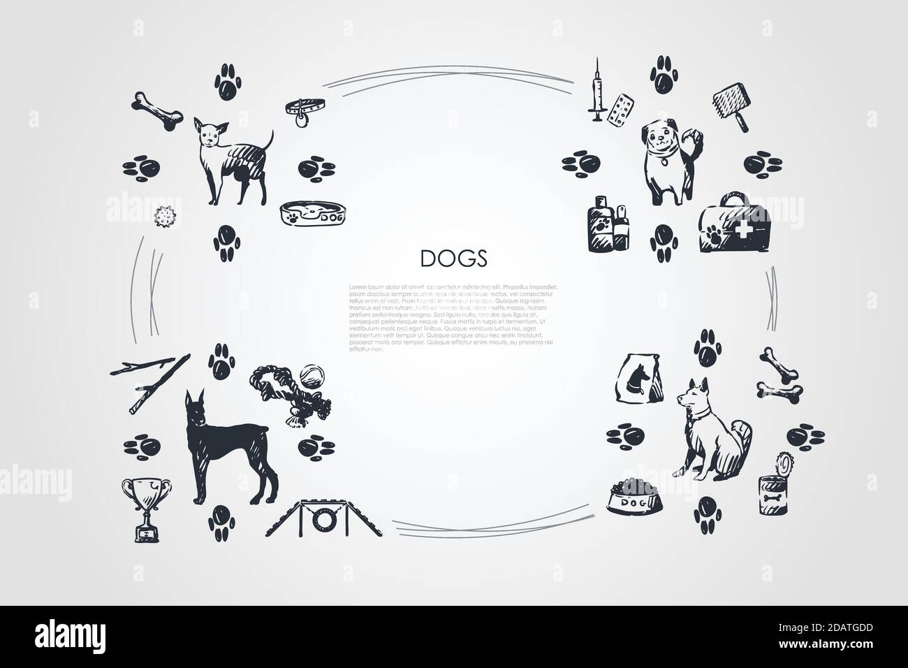 Dogs - different dog breeds with food, bones, collar, footprints, bowl ...