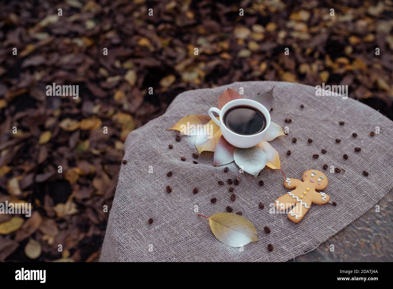 Gingerbread man and cup of coffee near autumn leaves. Top view of sweet ...