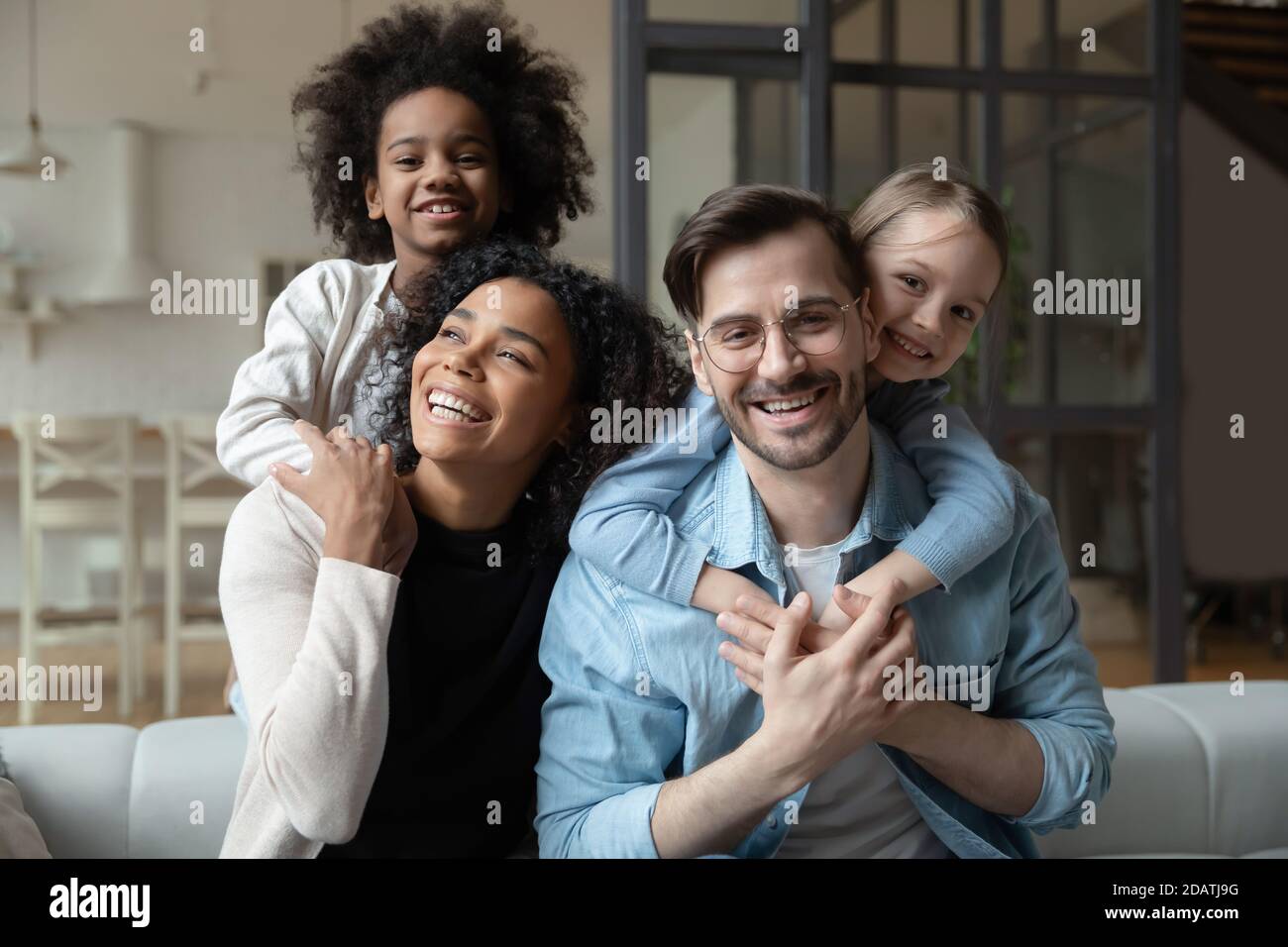 Head shot portrait happy multiracial family looking at camera Stock ...