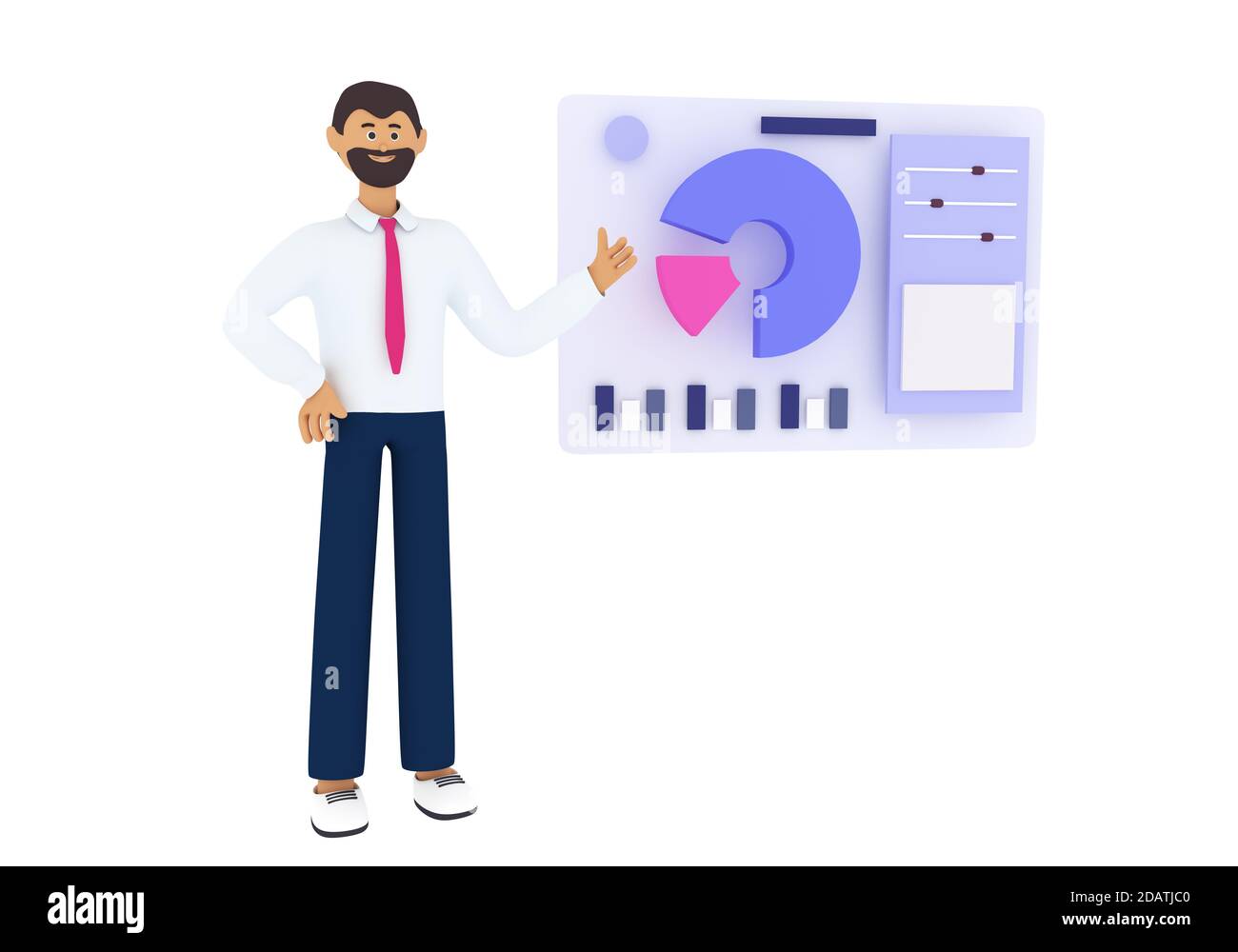 Businessman presenting new project, showing graphs and pie charts ...