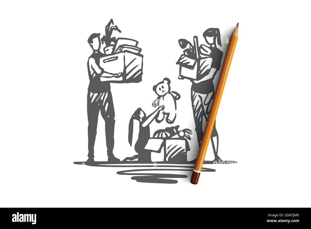 Family moving, relocation, changing flat together concept. Hand drawn ...