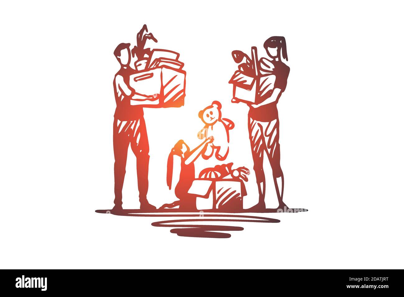 Family moving, relocation, changing flat together concept. Hand drawn ...