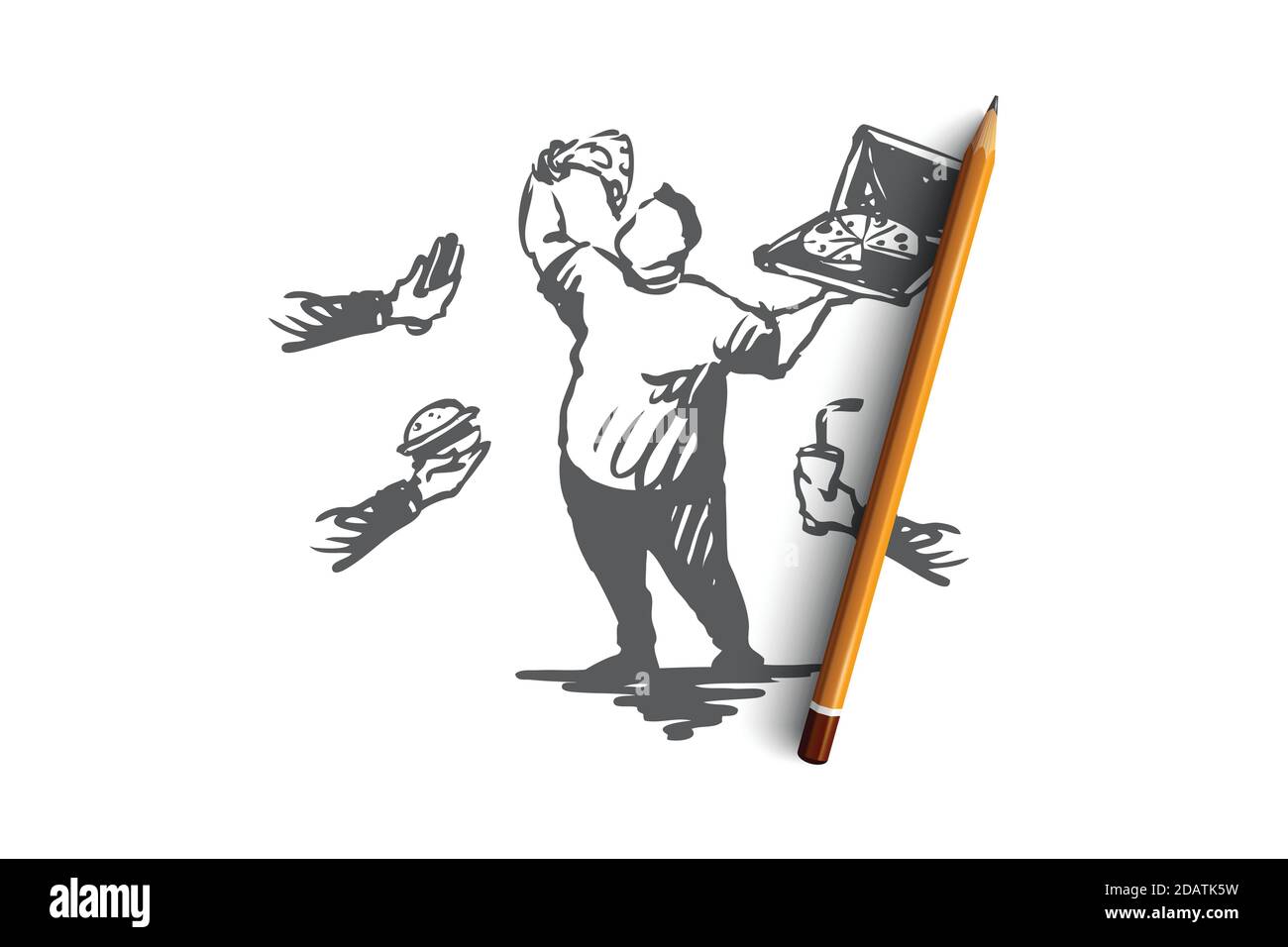 Overeating, fast food, obesity concept. Hand drawn sketch isolated ...