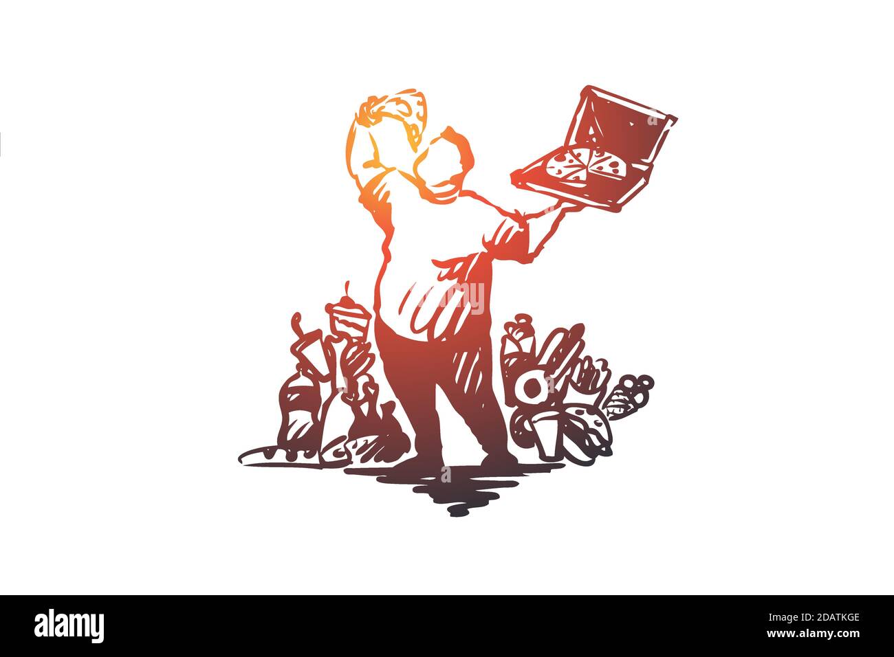 Overeating, fast food, obesity concept. Hand drawn sketch isolated ...