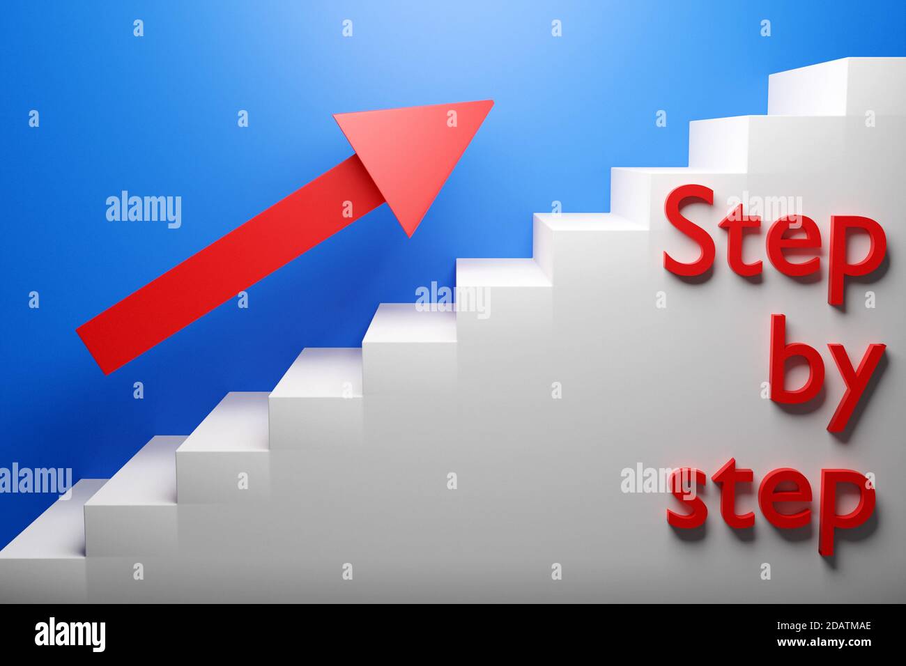 3D illustration white ascending staircase goes up with the inscription ...