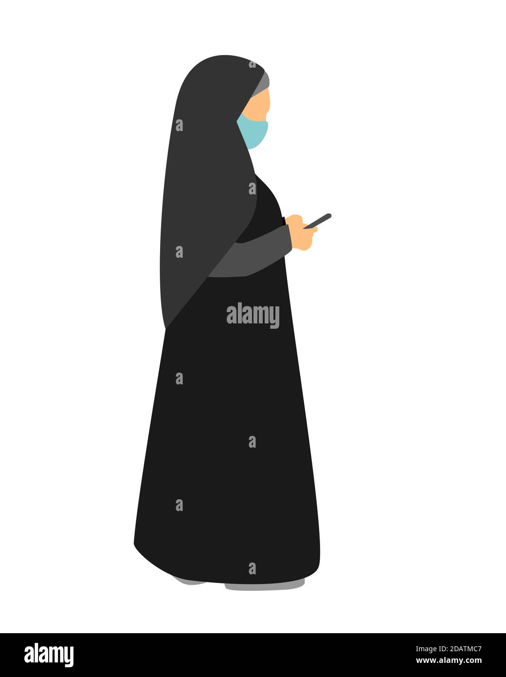 Arab woman. Full length side view in medical mask. flat vector ...