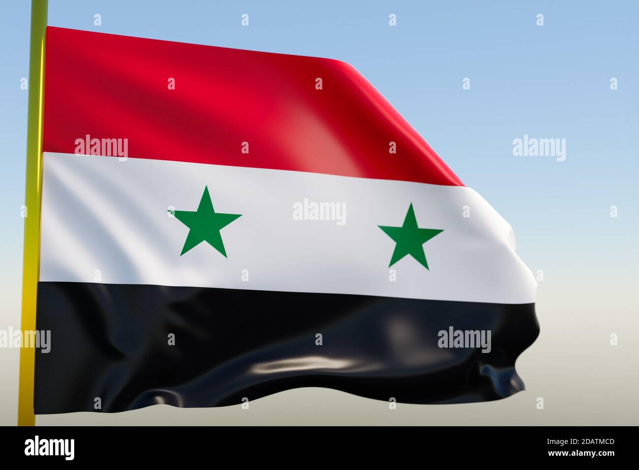 3D illustration of the national flag of Syria on a metal flagpole ...