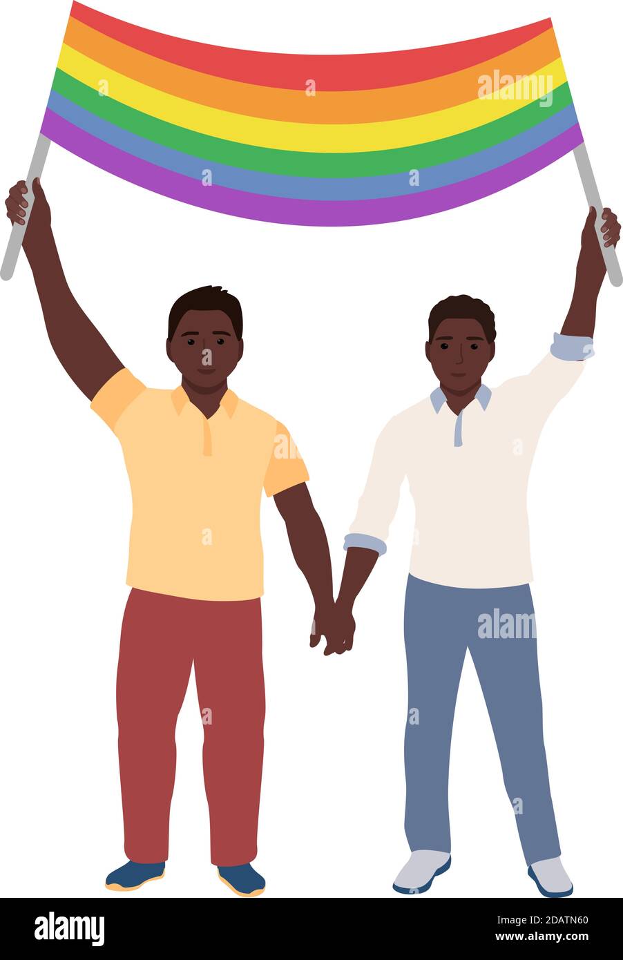 Two black LGBT men holding a rainbow flag over their heads. Happy Pride ...