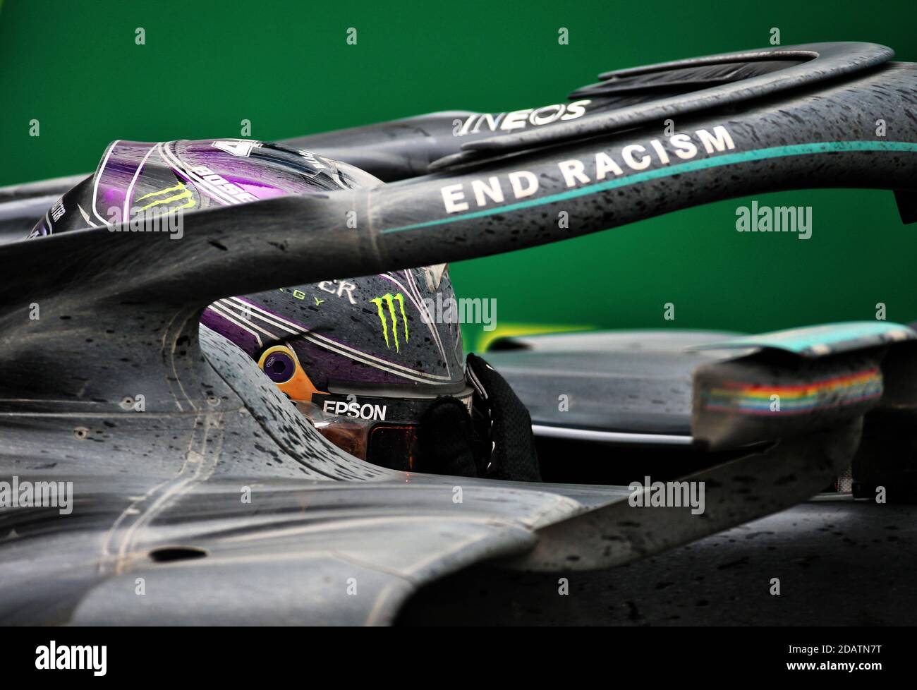 Lewis Hamilton (GBR) Mercedes AMG F1 W11 reacts after winning the ...