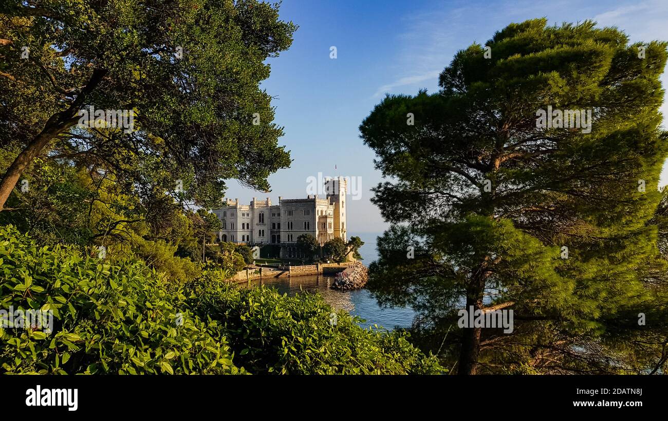 Beautiful view of Parco del Castello Miramare in Grignano, Italy Stock ...