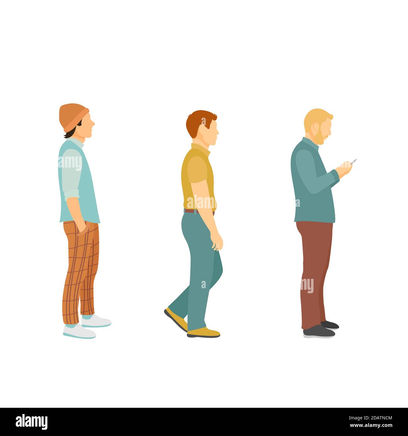 Three men in modern clothes in full growth stand in line after each ...
